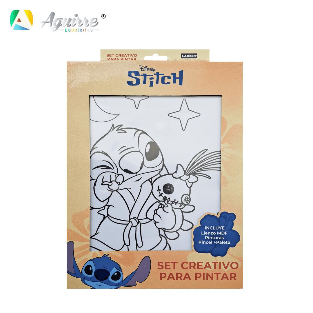 SET LIENZO STITCH MÁS PINTURA Y PINCEL LANCER | Aguirre Papelerías